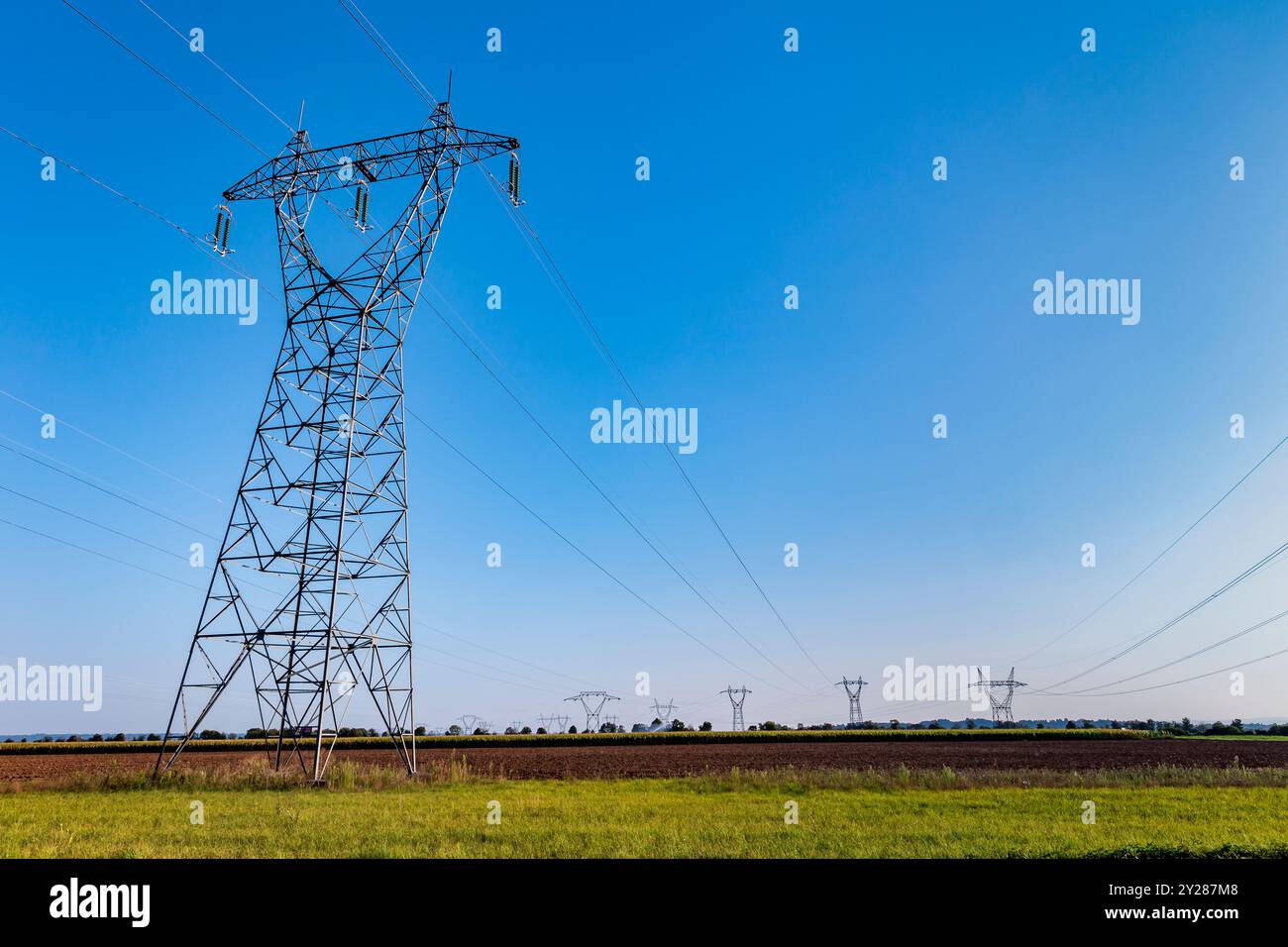High voltage pylon in the French countryside. High voltage electric ...