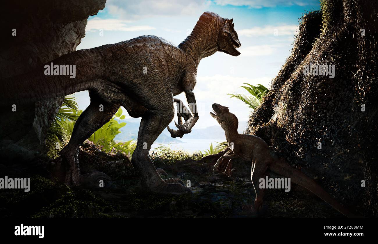 Dinosaurs, raptors mother and baby in cave 3D illustration Stock Photo ...