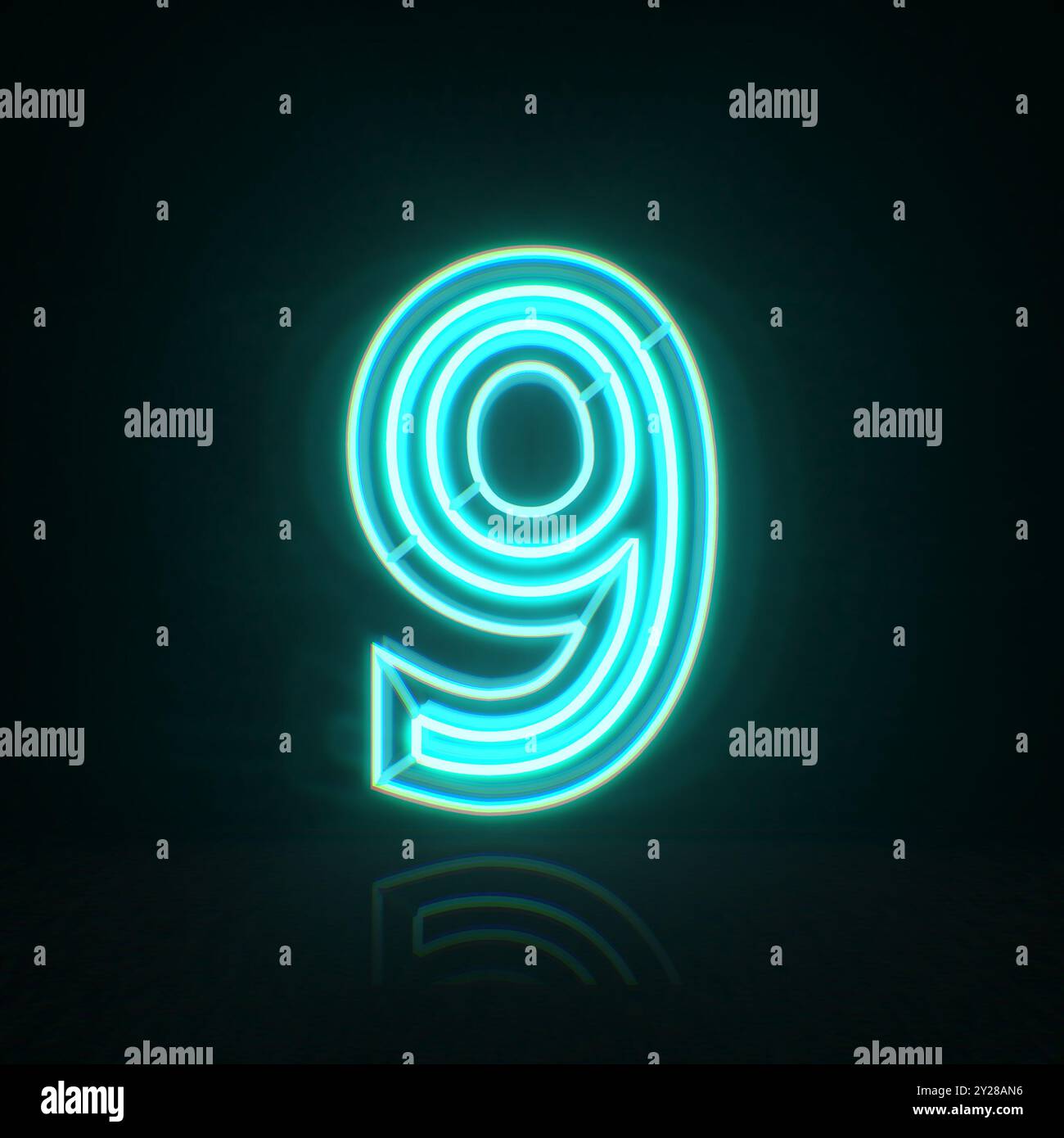 Cyan blue neon wire Number 9 NINE 3D rendering illustration isolated on ...