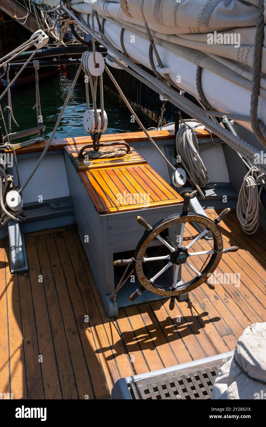 Detail of the helm and wheel of the historic tall ship Californian on ...