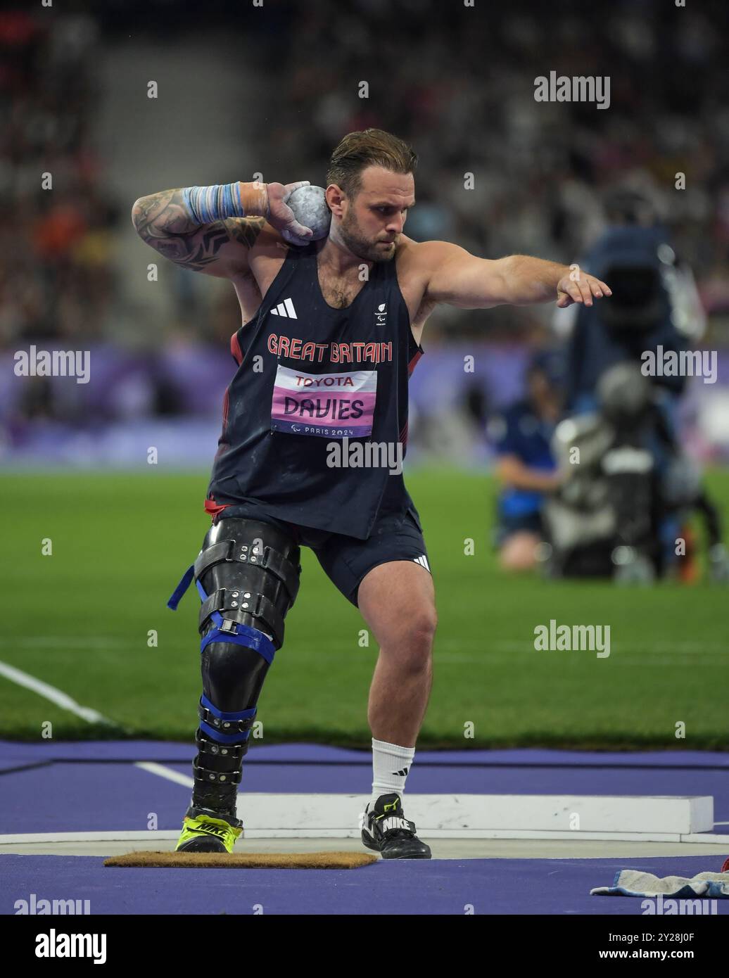 Aled Davies of Great Britain competing in the men F63 shot put final at the Paris 2024 Summer ...