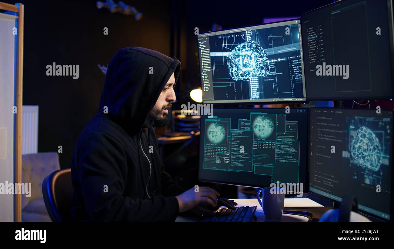 Evil cybercriminal using AI deep learning to produce virus corrupting data. Rogue programmer ...