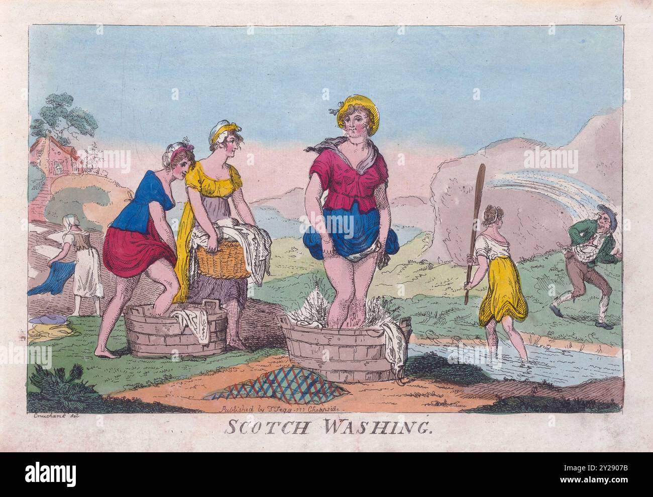 A humorous cartoon of scotch washing, watercoloured etching on paper ...