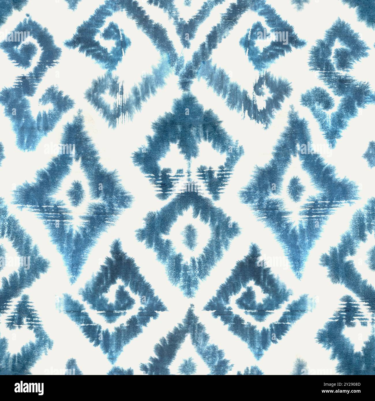 Watercolor boho style ikat ornate seamless pattern. Navy blue color ...