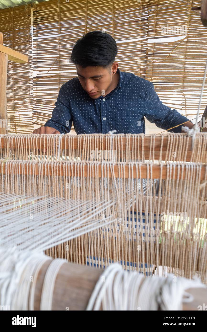 Weaver using a loom to weave traditional Oaxacan textiles Stock Photo ...