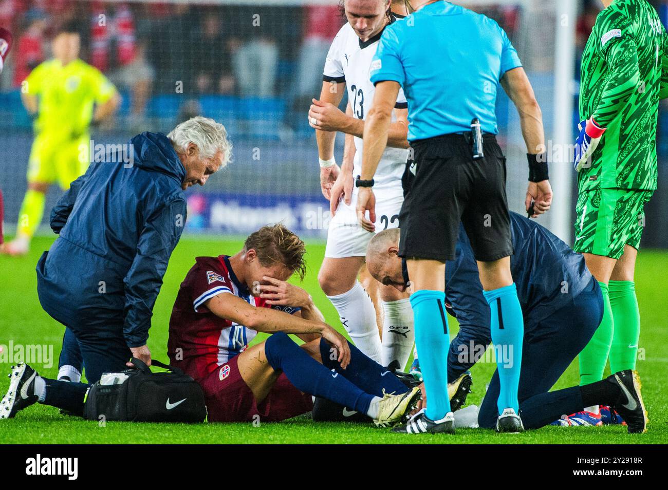Oslo, Norway. 09th Sep, 2024. Norway Martin Odegaard injures during match in the Euro ...