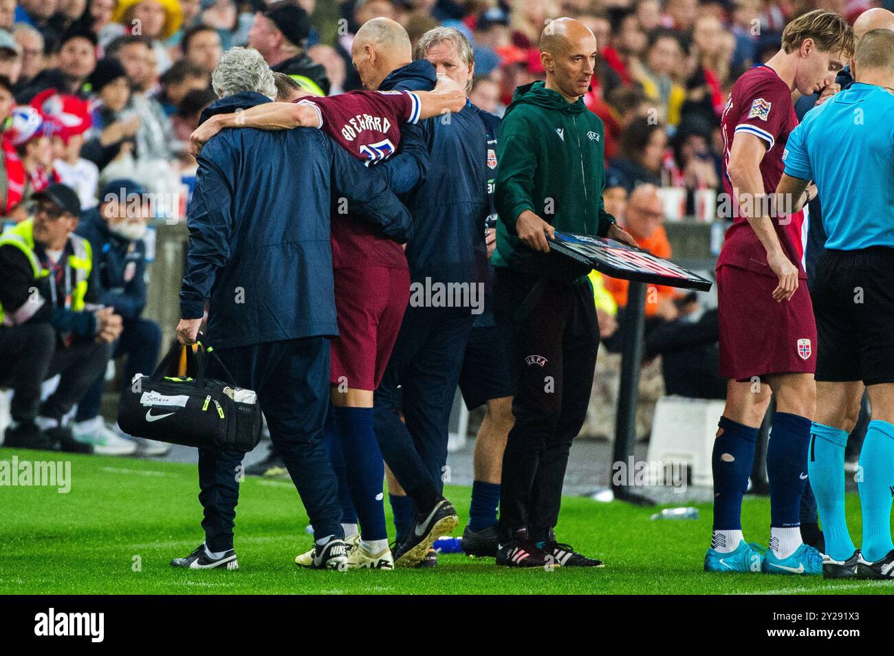 Oslo, Norway. 09th Sep, 2024. Norway Martin Odegaard injures during match in the Euro ...