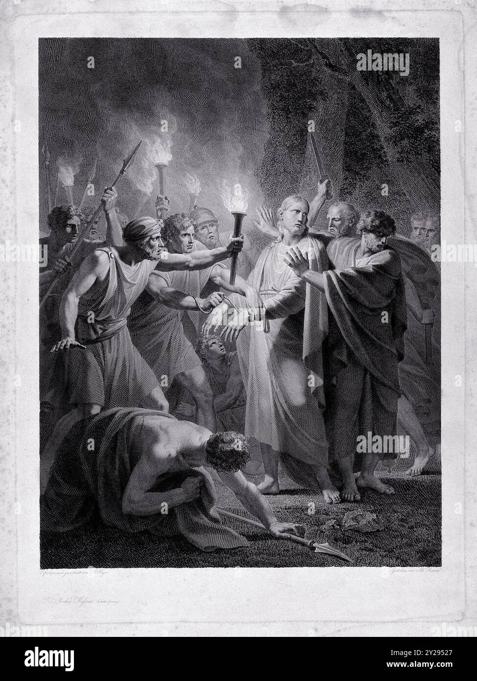 Jesus is arrested in the night in the garden of Gethsemane. Engraving ...