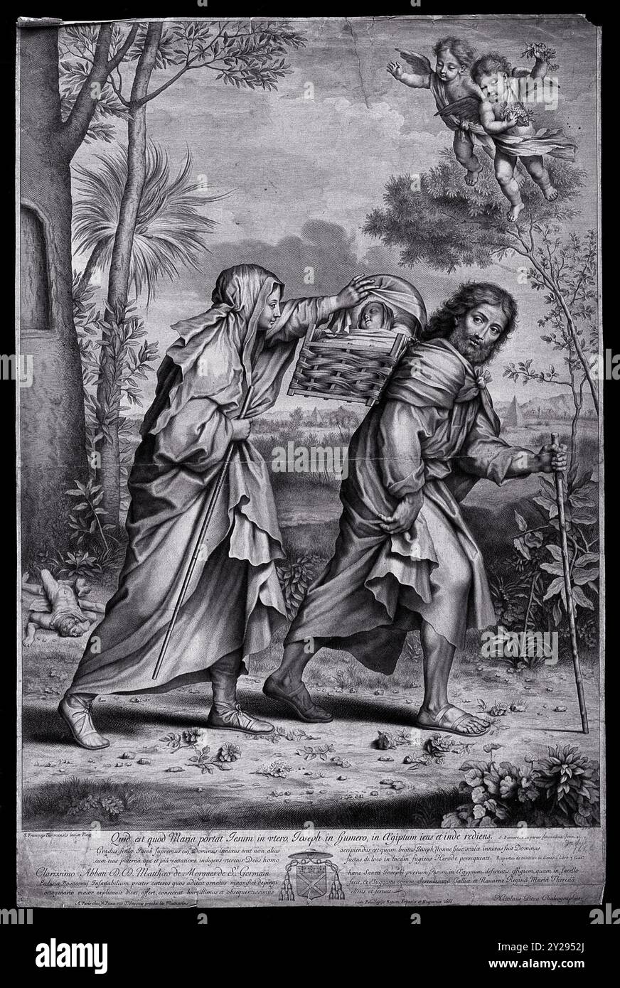 Mary and Joseph walk to Egypt with the infant Jesus. Engraving by N ...