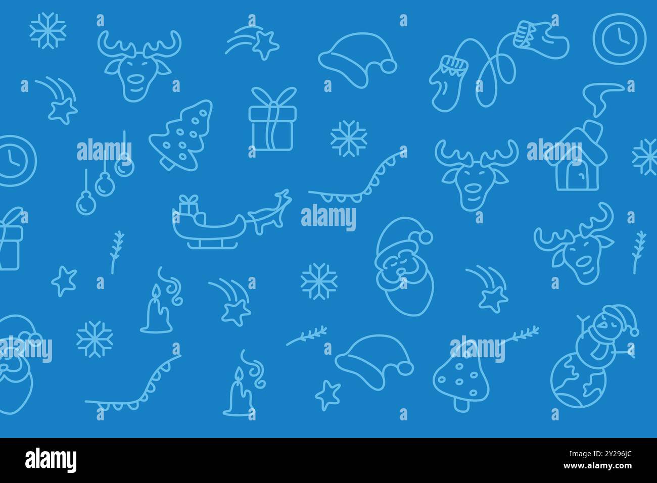 Christmas line art are blue backgrounds with Santa Claus, tr, deer ...