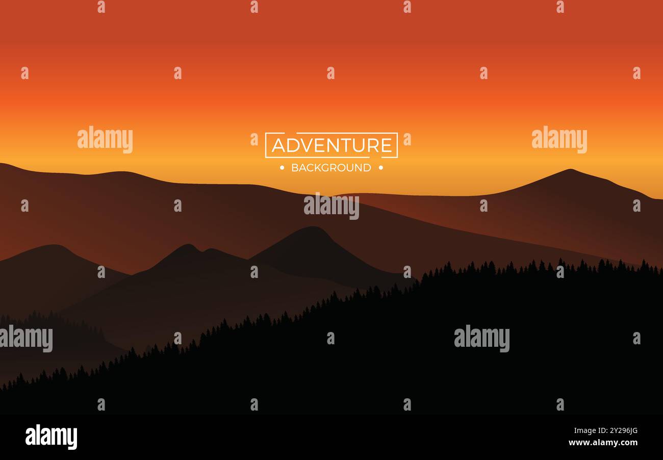 Landscape adventure mountains sunset background with red light ...
