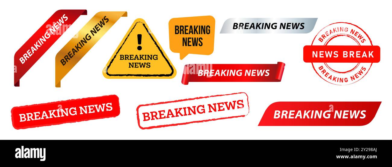 Breaking news information report headline announcement stamp red badge ...