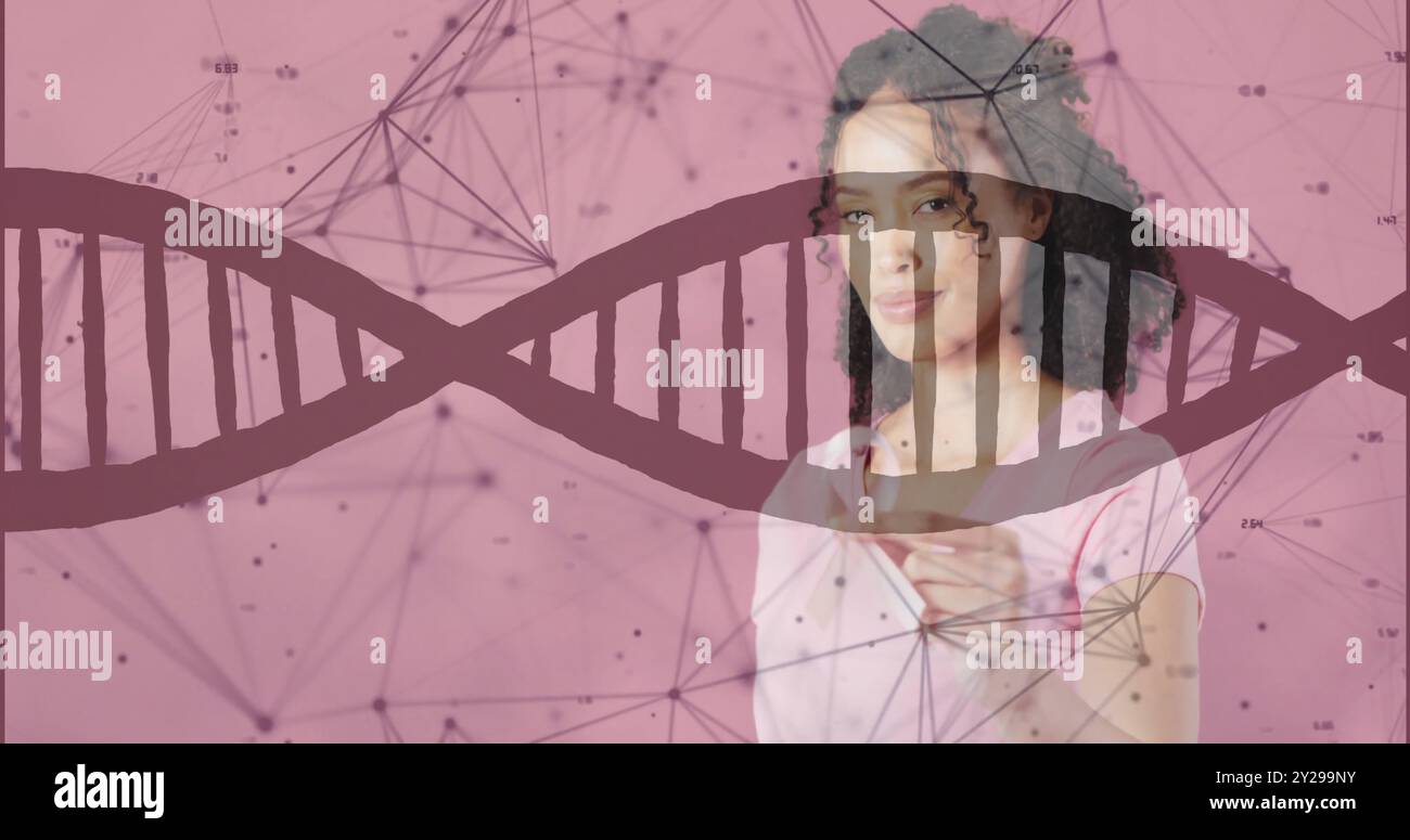 Image of dna strand and data processing over african american woman ...