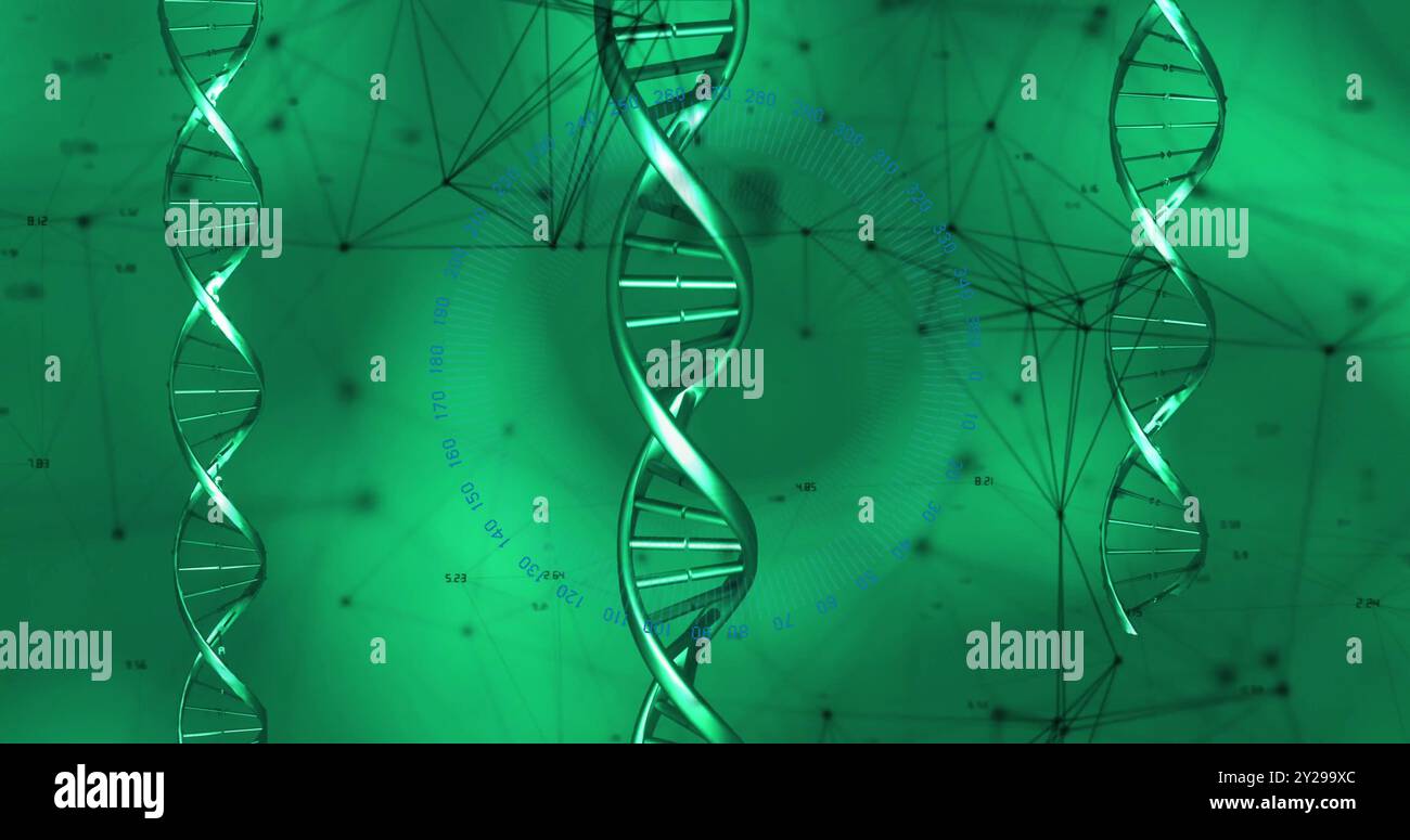 Image of networks of connections and dna strands on green background ...