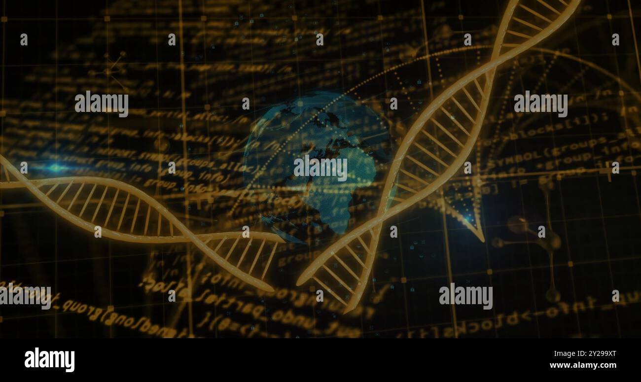 Image of scientific data processing over globe and dna strands on dark ...