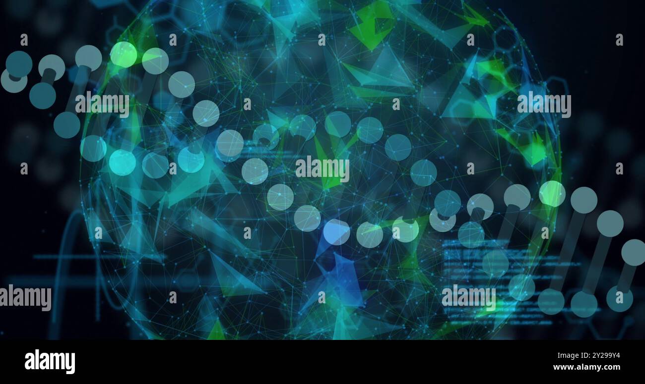 Image of scientific data processing over globe and dna strand on dark ...