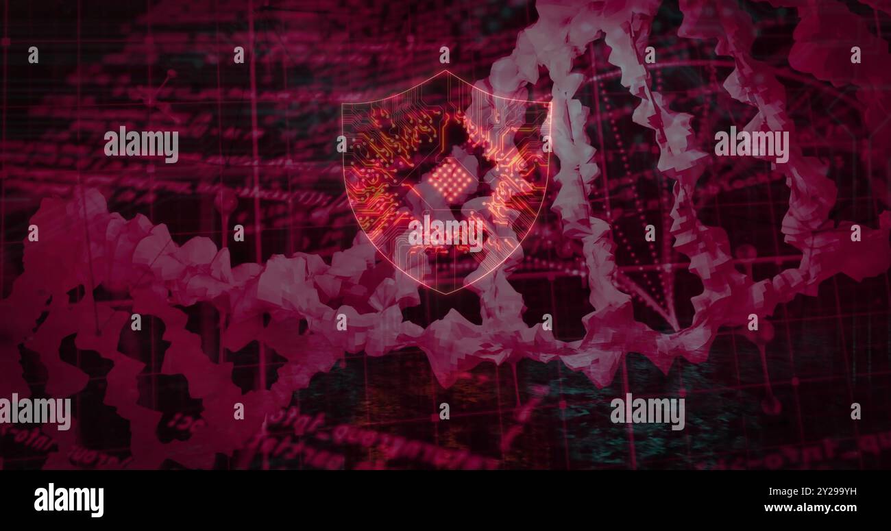 Image of dna strand, shield and digital data processing over globe ...