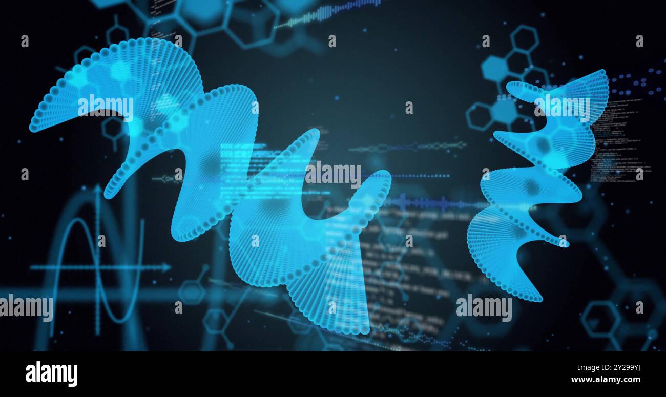 Image of digital data processing and dna strands on black background ...