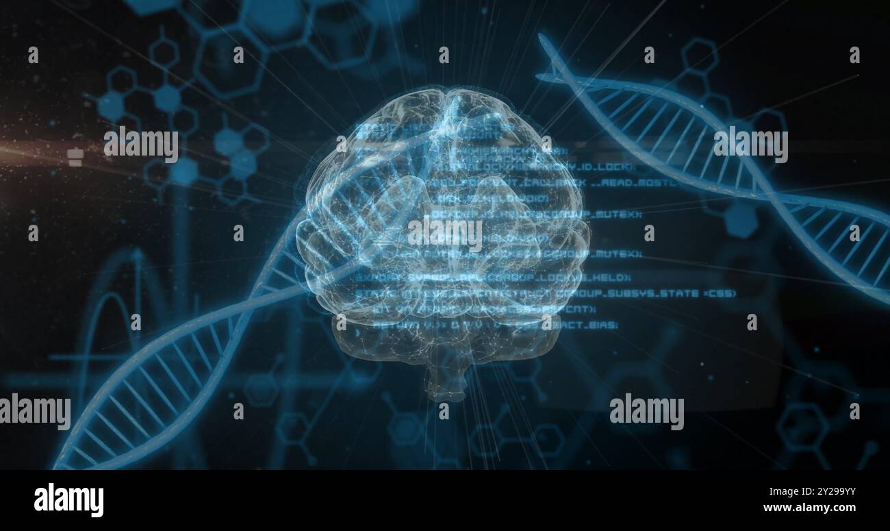 Image of scientific data processing over human brain and dna strands on ...