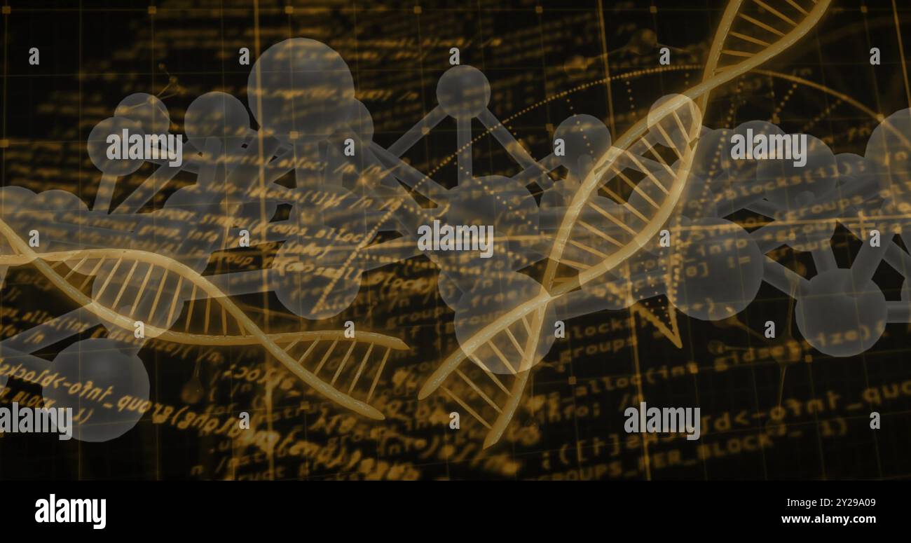 Image of scientific data processing over dna strands on dark background ...