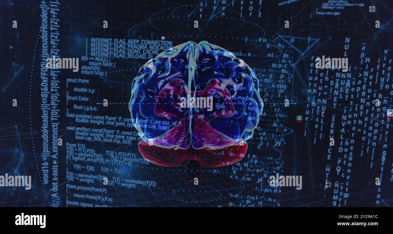 Image of scientific data processing over human brain on dark background ...