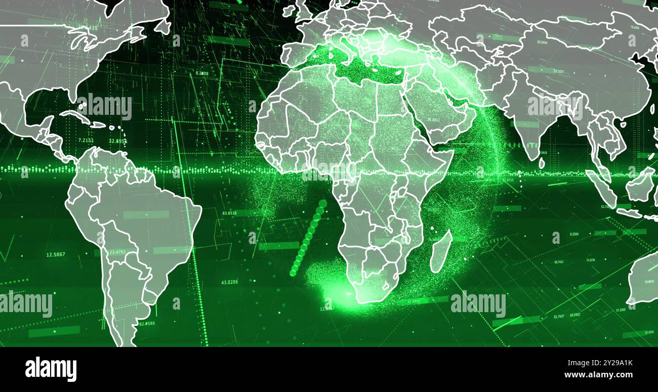 Image of digital data processing and globe over world map on green background Stock Photo - Alamy