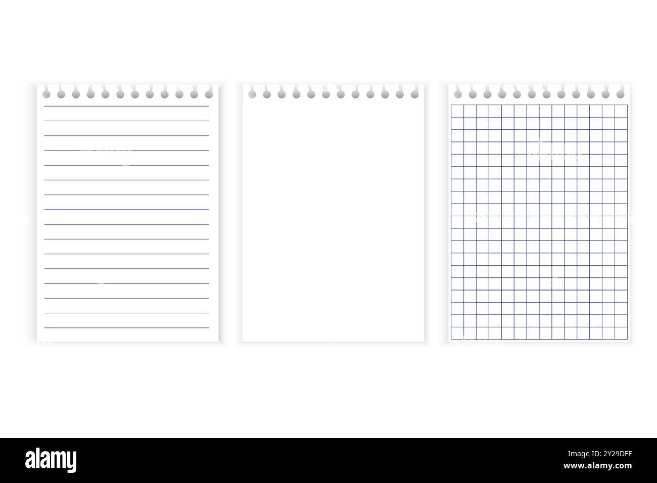 Lined notebook paper. Blank spiral page. Grid notepad sheet. Vector stationery set Stock Vector ...
