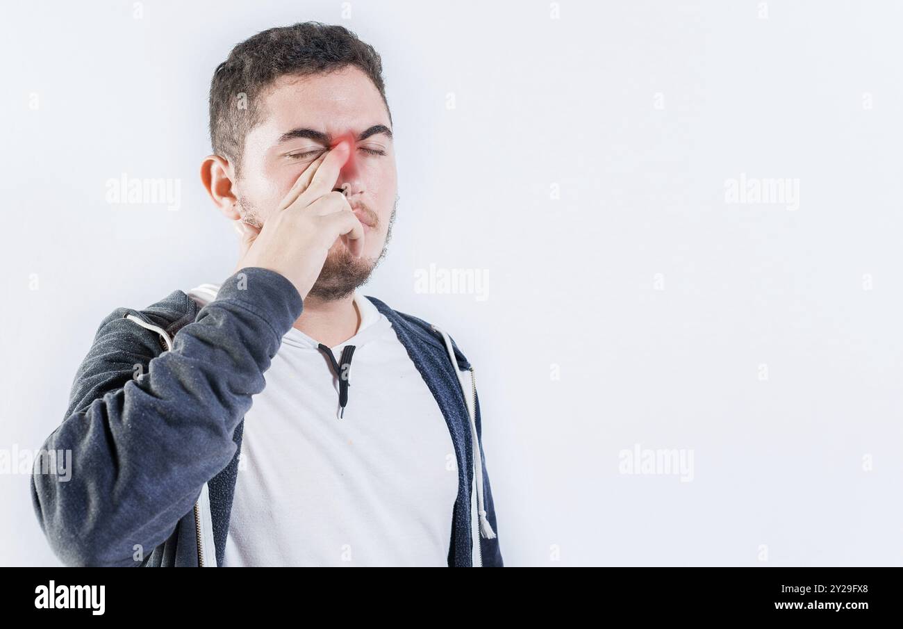 Person with sinusitis and nasal inflammation. Man with nasal congestion ...
