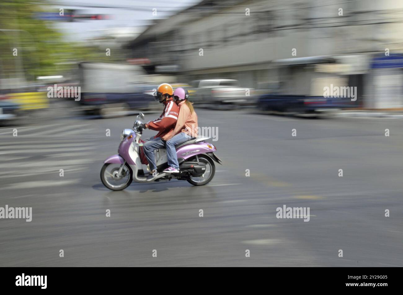Moped with pillion in traffic chaos, Ratchamnoen Klang Road, traffic in ...