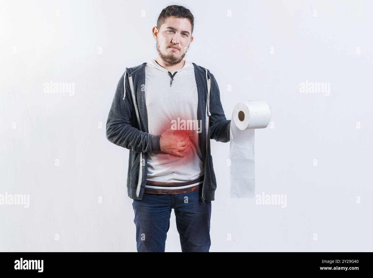 Person with diarrhea and stomach problems holding toilet paper. Man ...