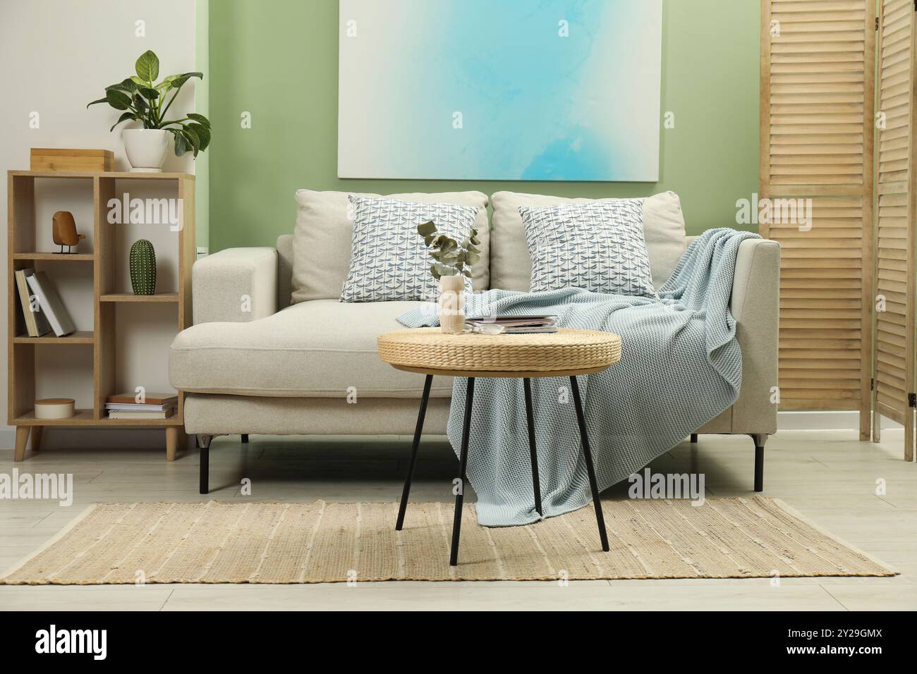 Comfortable sofa with plaid, coffee table and folding screen in stylish ...