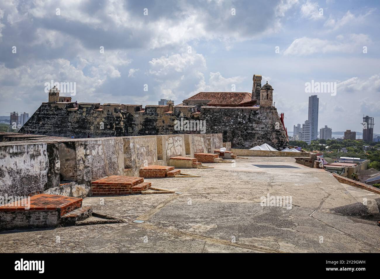 On top of Castle San Felipe de Barajas with view to modern town on a ...