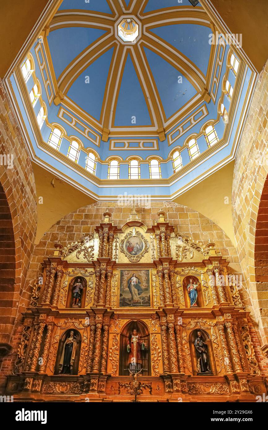 Low angle view to dome inside the impressive colonial Cathedral of the ...