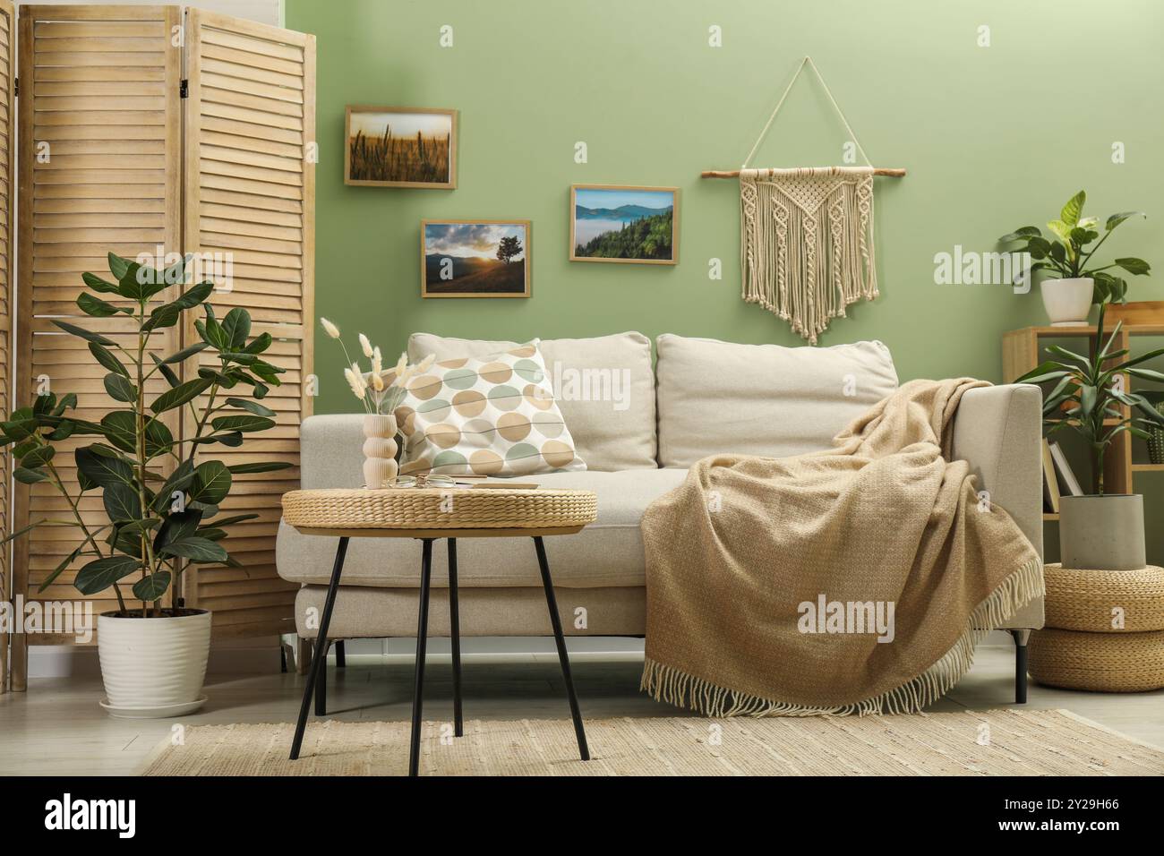 Comfortable sofa with plaid, coffee table and folding screen in stylish ...