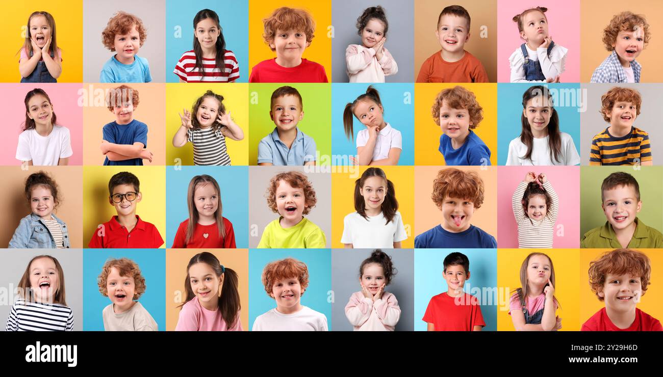 Many cute children on different colors backgrounds, collage of photos ...