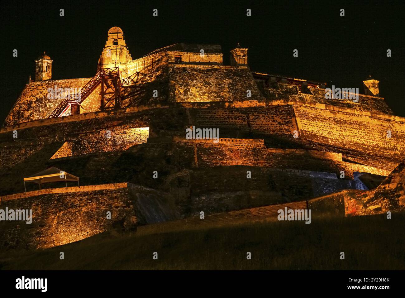 View at night to illuminated Castle San Felipe de Barajas, Cartagena ...