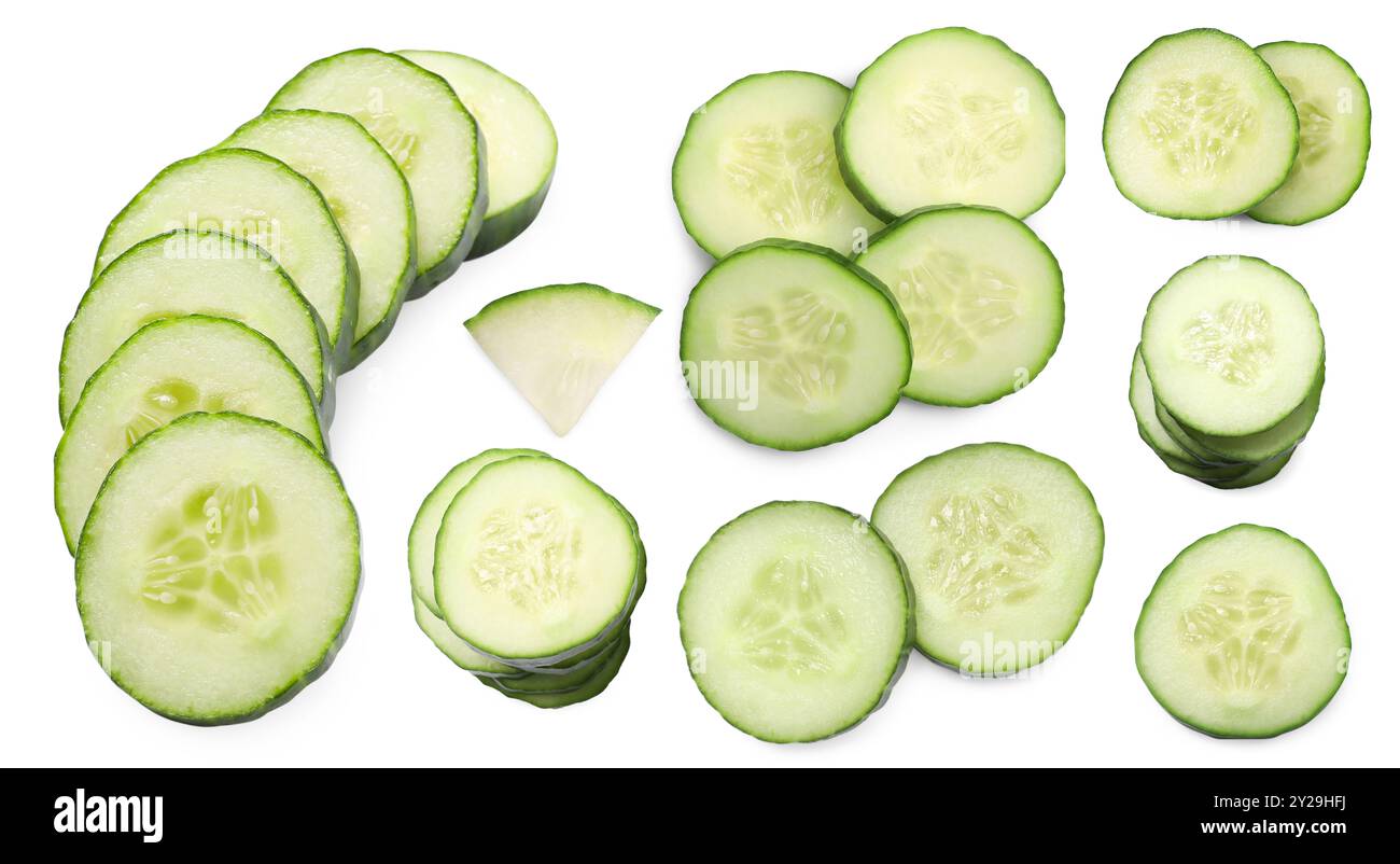 Many fresh cucumber slices on white background, collage Stock Photo - Alamy