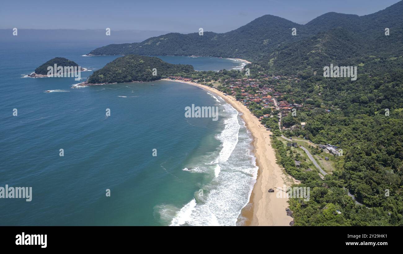 Aerial view to the small beach village Picinguaba, islands and bay ...