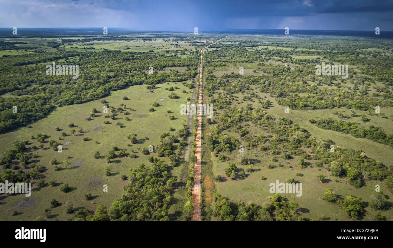 Aerial view of Transpantaneira dirt road crossing straight the North ...