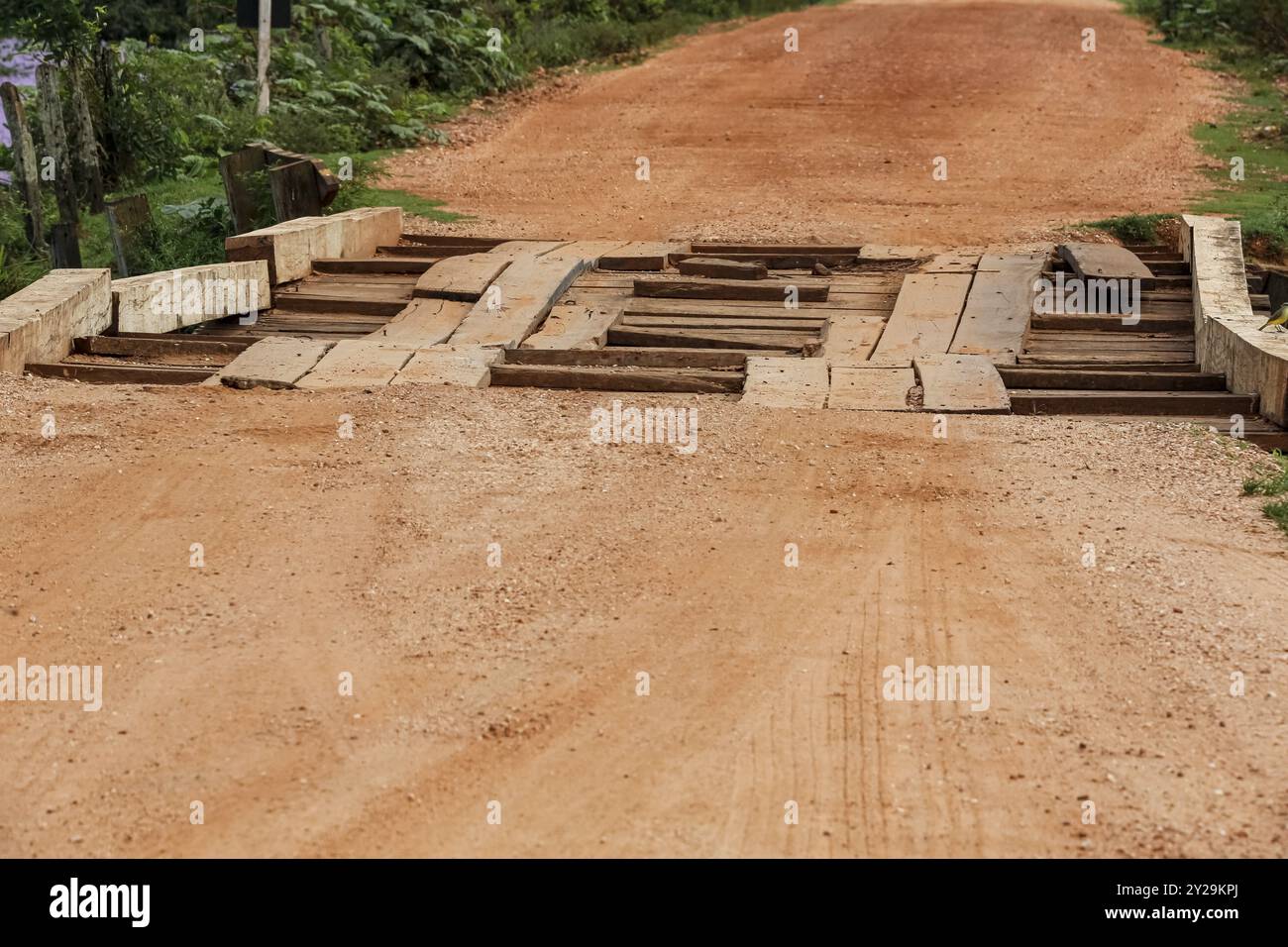 Wooden bridge on Transpantaneira dirt road in very bad condition ...
