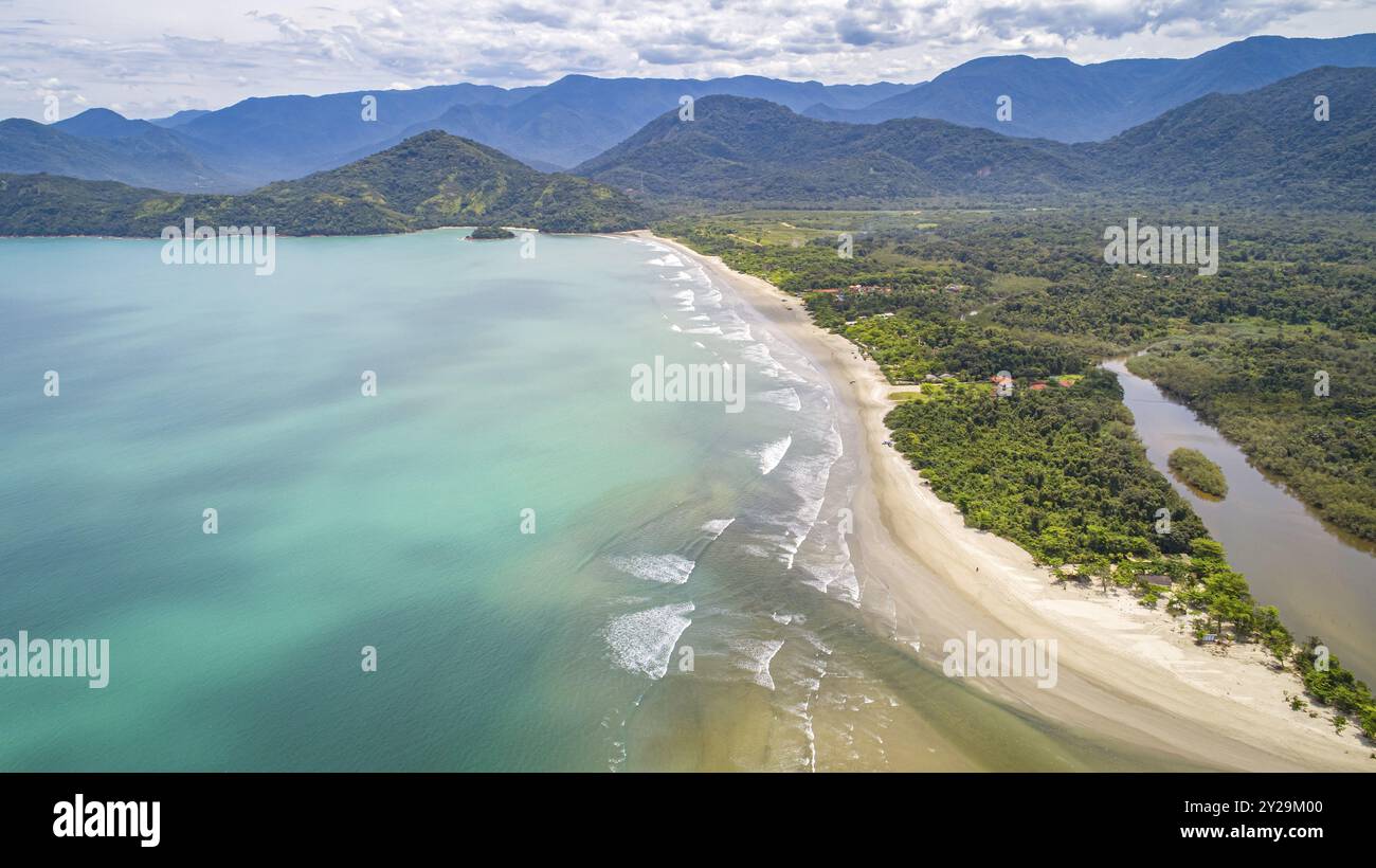 Aerial view of Green Coast shoreline with turquoise water, beach, river ...