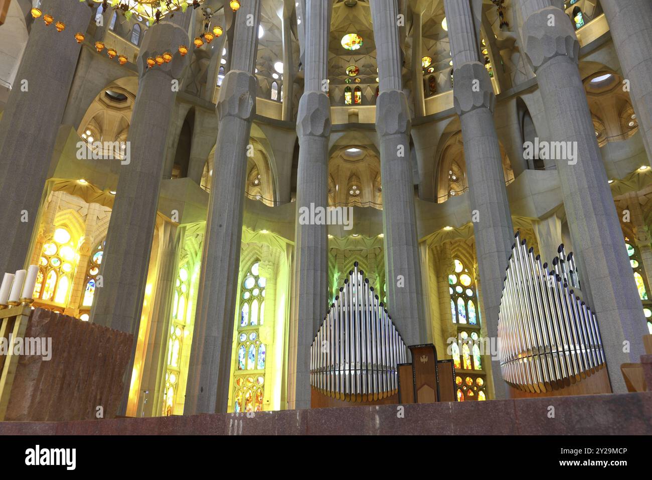 Architecture detail of windows, ceiling and pillars in La Sagrada ...
