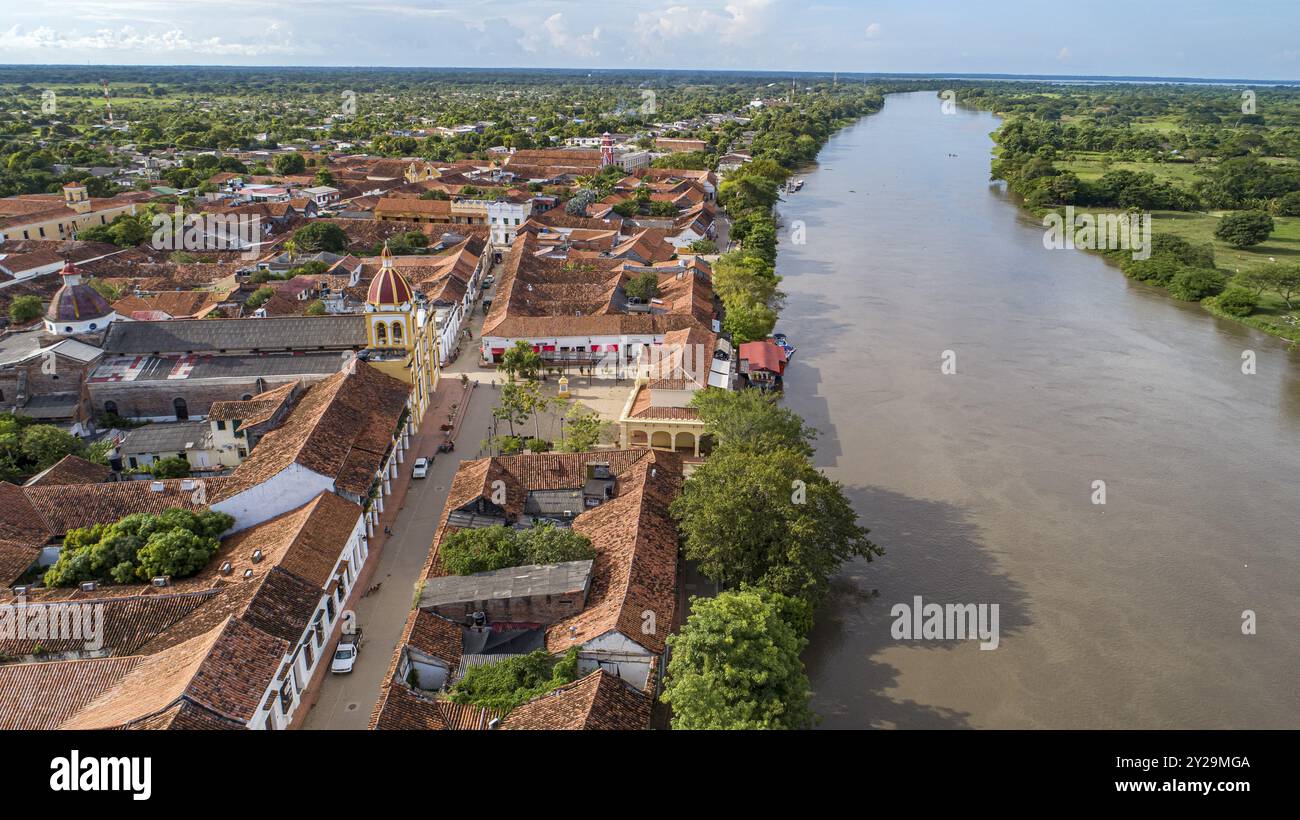 Aerial view of the historic town Santa Cruz de Mompox and river in ...