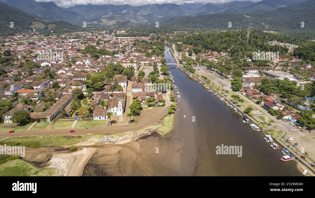 Aerial view to historic town Paraty and river Pereque-Acu with green ...