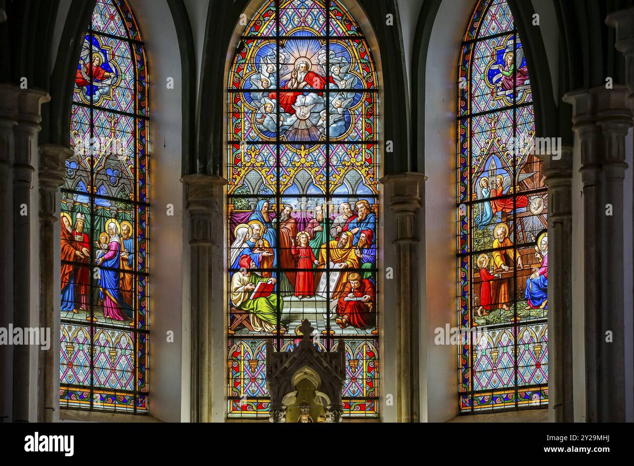 Colorful glass paintings in the church of Sanctuary Caraca, Minas ...