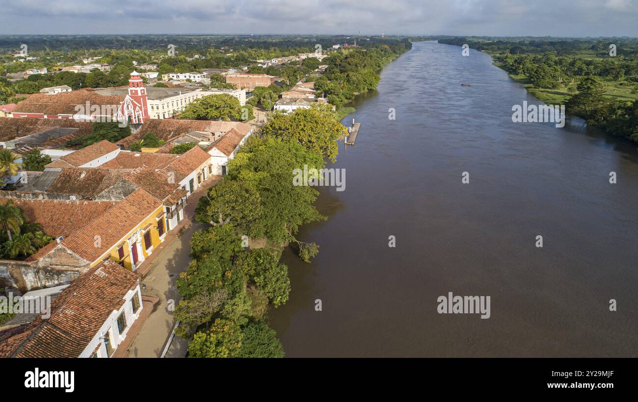 Aerial view of the historic town Santa Cruz de Mompox in sunlight with ...
