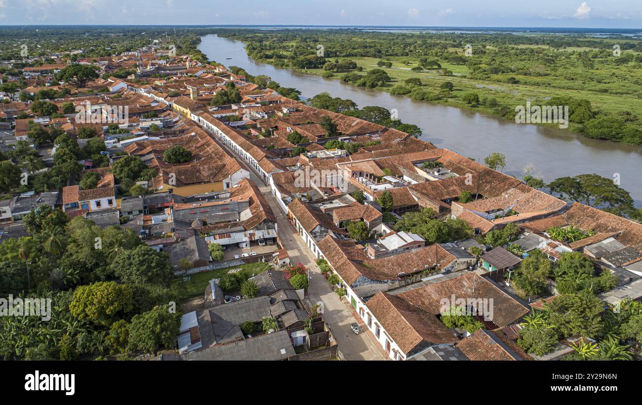 Aerial view of the historic town Santa Cruz de Mompox in sunlight with ...