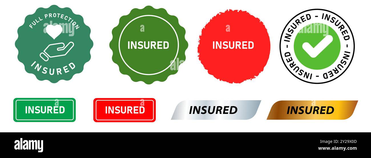 Insured secure fully trusted trustworthy risk free stamp sign green badge collection set license ...