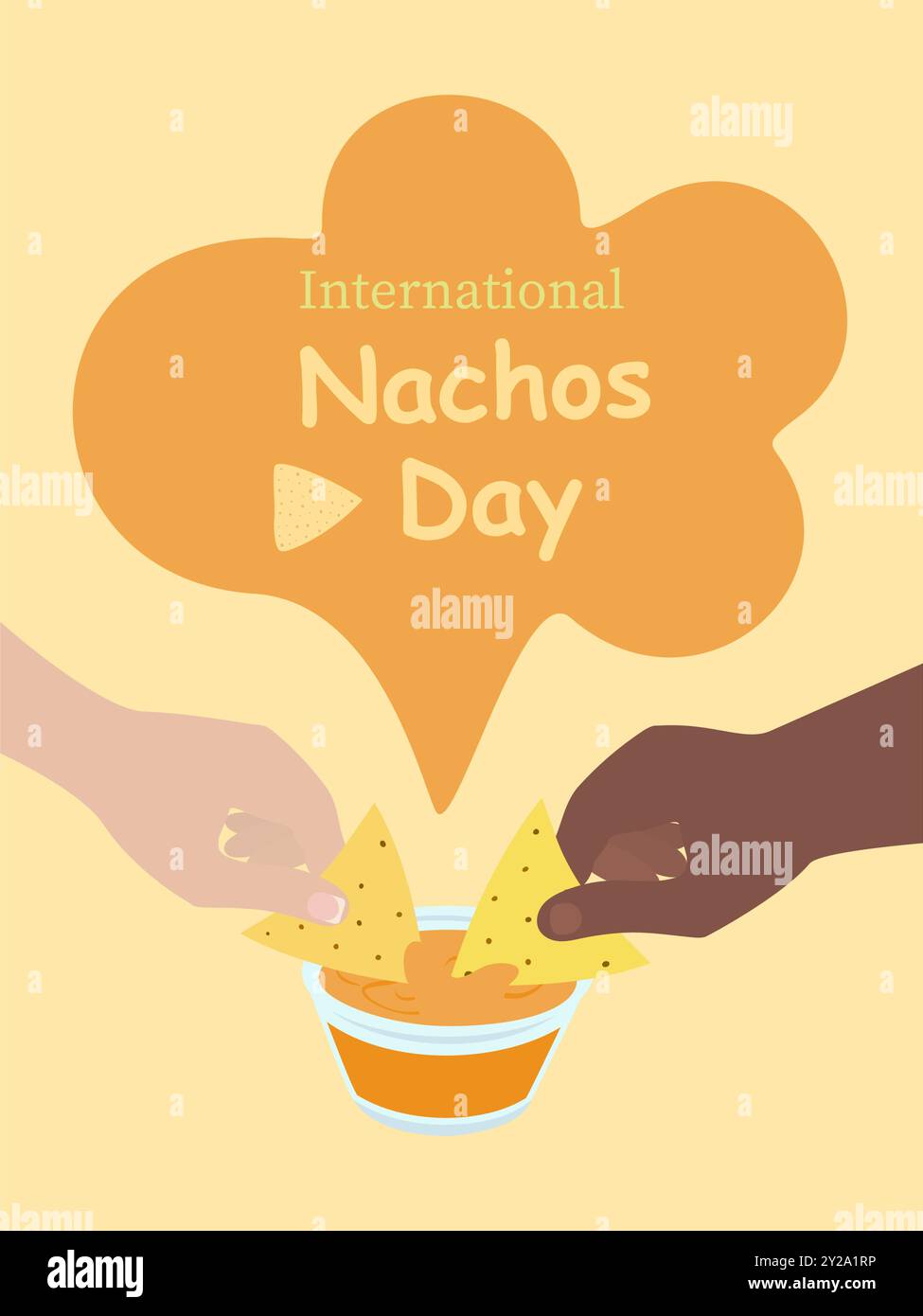 Nachos Day inscription Leaflet design concept with human hands dipping ...