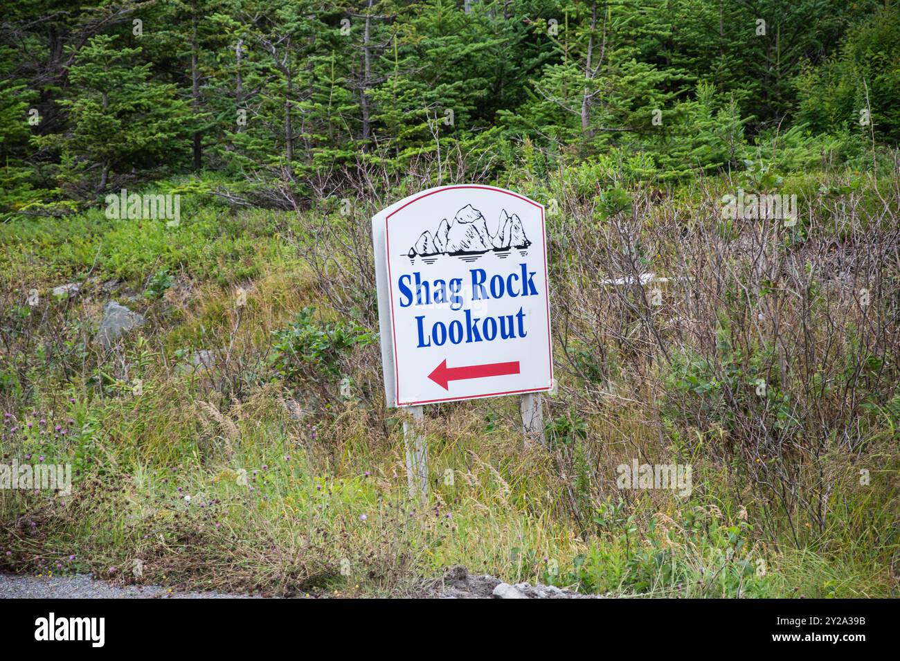Shag Rock Lookout sign on NL 80 in Whiteway, Newfoundland & Labrador ...
